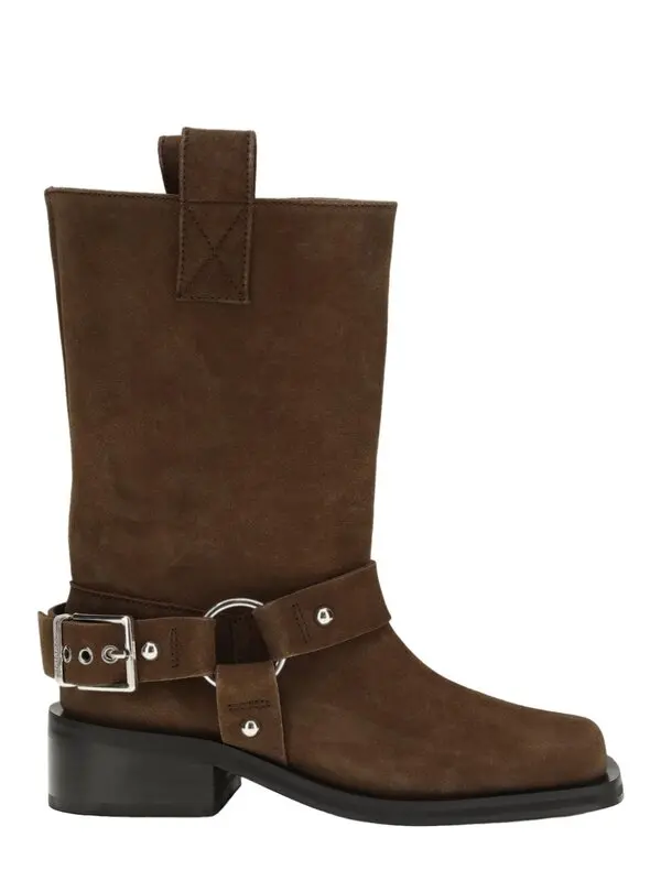 GANNI Suede Biker Boots With Square Toe And Block Heel - Brown
