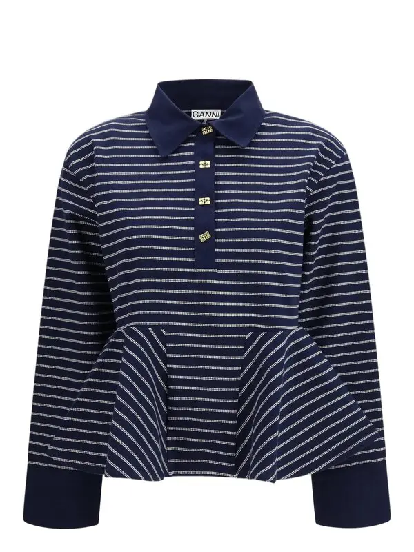GANNI Striped Peplum Polo Shirt - Blue