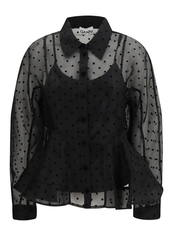 GANNI Polka Dot Sheer Organza Peplum Shirt - Black