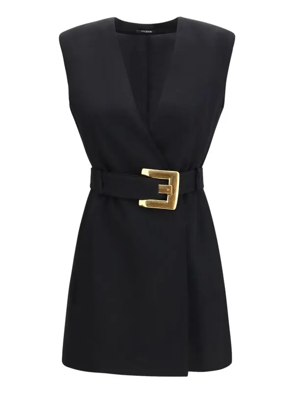 Balmain Sleeveless V-neck Wrap Dress With Anthem Buckle Belt - Black
