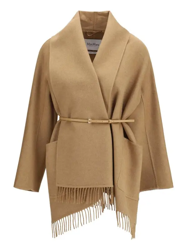 Max Mara Camel Pure Camel Wool Wrap Coat With Fringed Hem - Beige