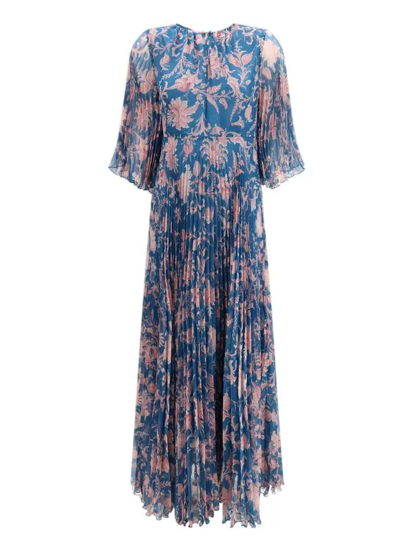 Etro Pleated Maxi Dress With Flared Sleeves And V-neckline - Blue