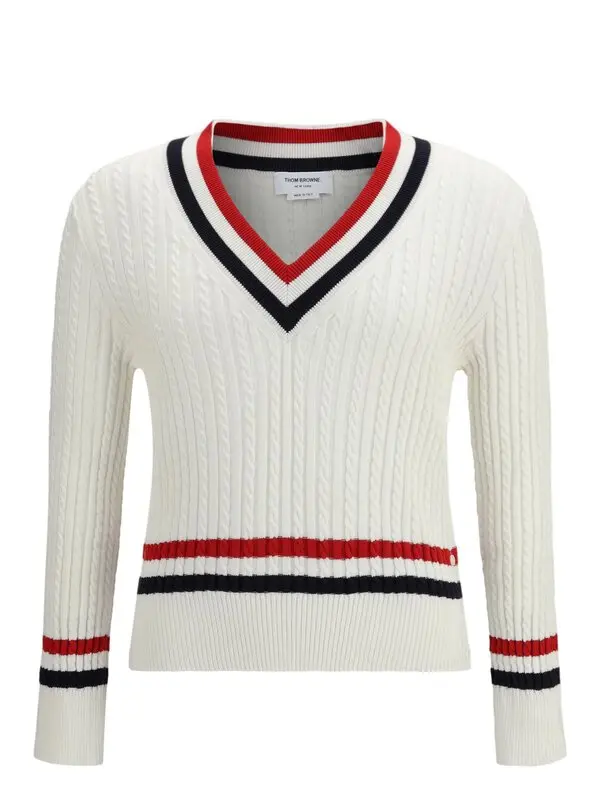 Thom Browne Intarsia Cable-knit V-neck Sweater - White