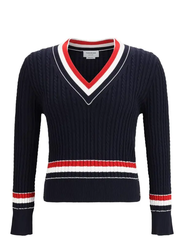 Thom Browne Intarsia Cable-knit V-neck Sweater - Blue