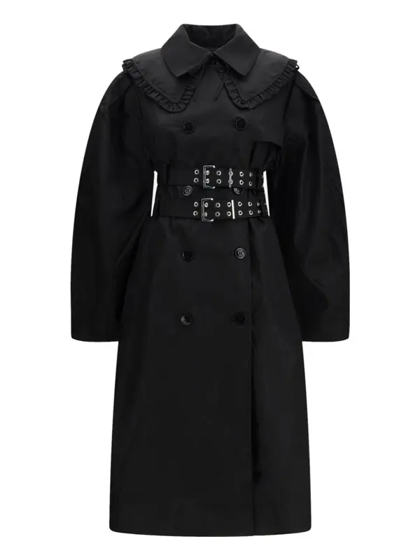 GANNI Belted Double-breasted Coat With Ruffled Collar - Black