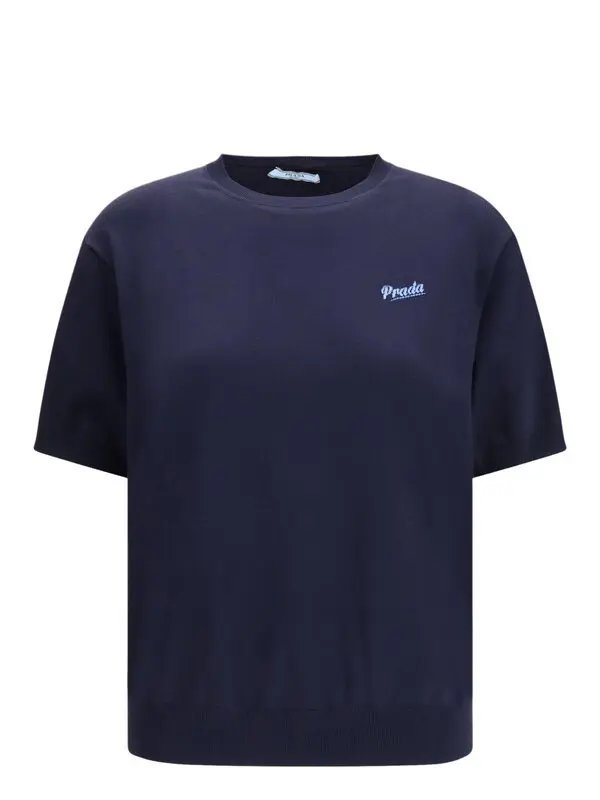 Prada Silk Crewneck Sweater With Embroidered Logo - Blue