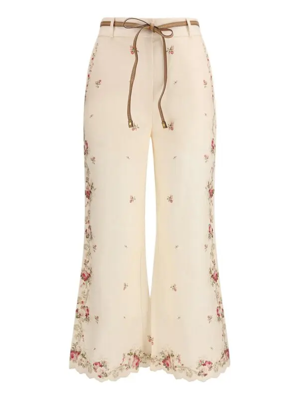 Zimmermann Patience Flare Pants With Floral Embroidery And Scalloped Hem - Cream