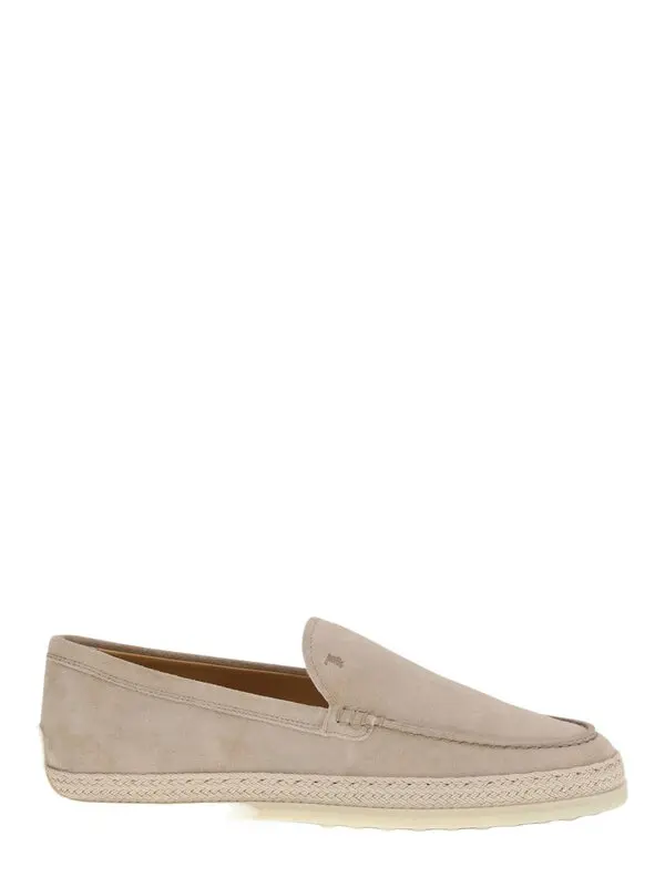 TOD'S Suede Loafers With Embossed Monogram And Raffia Trim - Beige