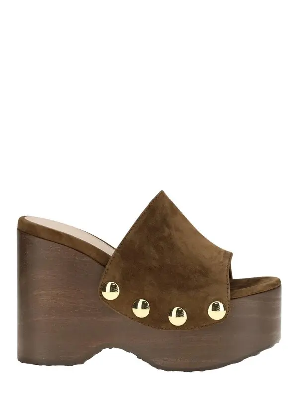 GIANVITO ROSSI Suede Wedge Mules With Gold Tone Studs - Brown
