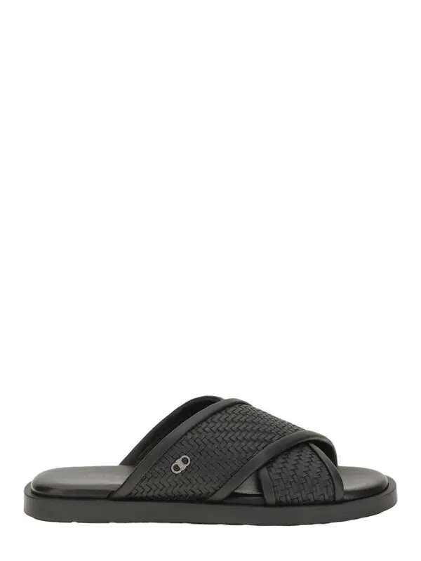 FERRAGAMO Gancini Woven Leather Sandals - Black