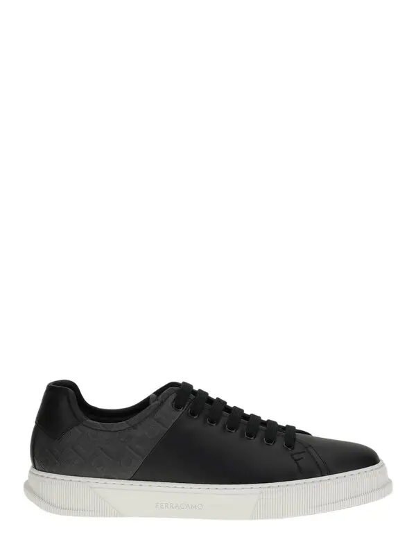 FERRAGAMO Leather Sneakers With Monogram Inlay - Black