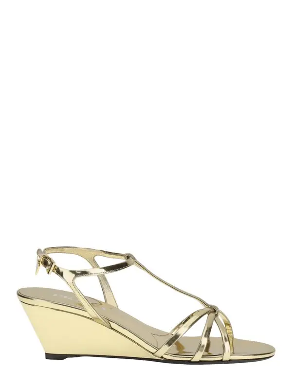 Prada Metallic Leather Wedge Sandals With Adjustable Ankle Strap - Gold