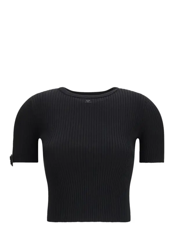 COURREGES Ribbed Crewneck Short Sleeve Top - Black