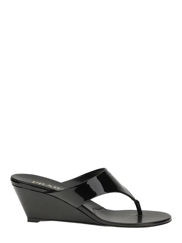 Prada Patent Leather Wedge Thong Sandals - Black