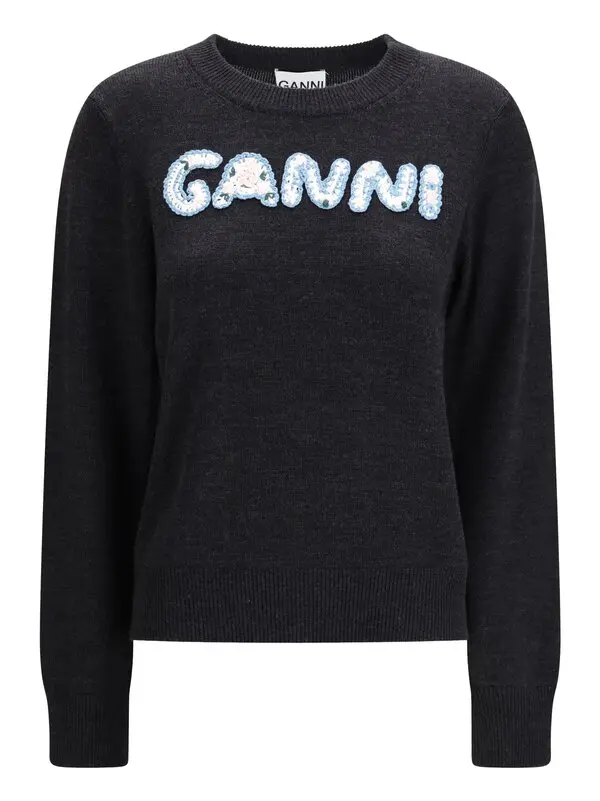 GANNI Crochet Appliqué Merino Wool Sweater - Grey