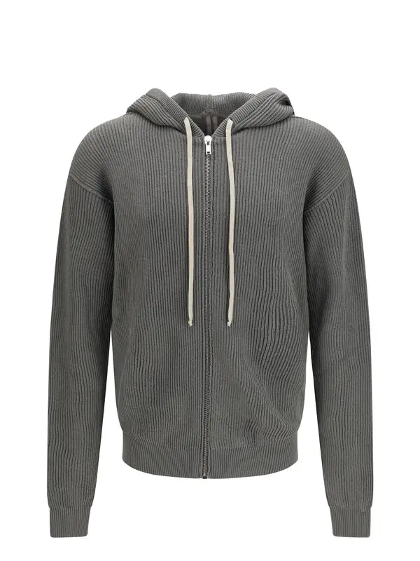 Rick Owens Ribbed Virgin Wool Knit Full Zip Hoodie - Green