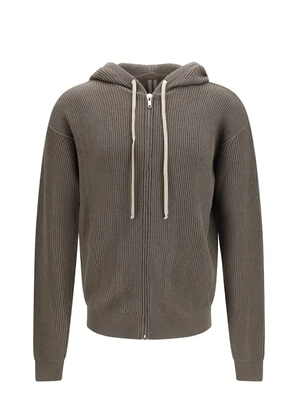 Rick Owens Ribbed Virgin Wool Knit Full Zip Hoodie - Grey