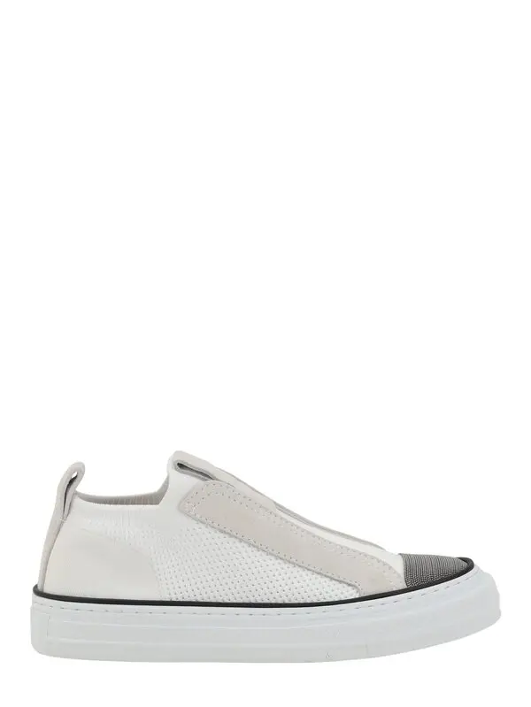 Brunello Cucinelli Embellished Perforated Mesh And Suede Sneakers - White