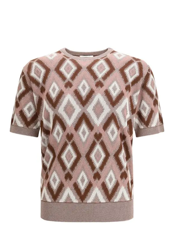 PIACENZA CASHMERE 1733 Short Sleeve Crewneck Sweater With Geometric Print - Pink