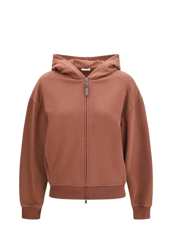 Brunello Cucinelli Hooded Full Zip Sweatshirt In Smooth Cotton - Brown