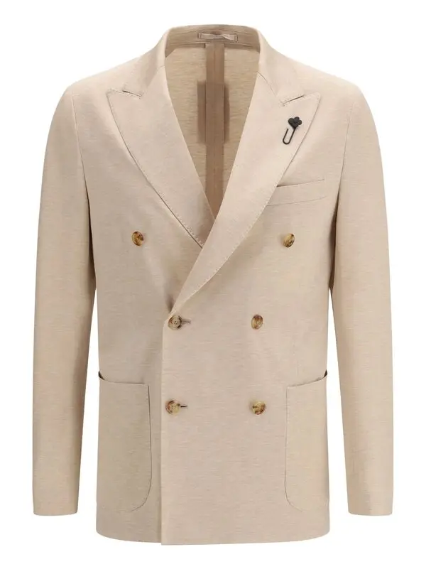 LARDINI Double-breasted Jacket With Patch Pockets And Lapel Pin - Beige