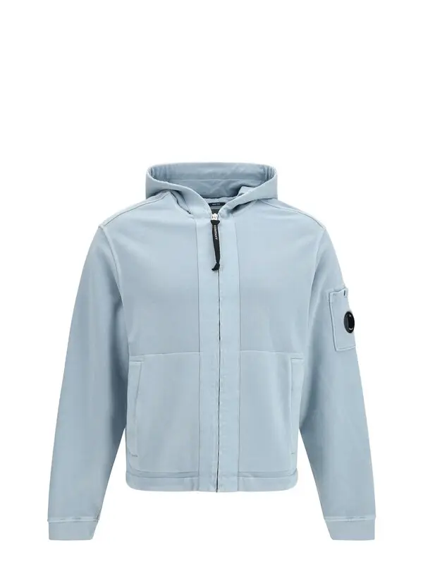 C.P. COMPANY Cotton Diagonal Fleece Zip Hooded Sweatshirt - Blue