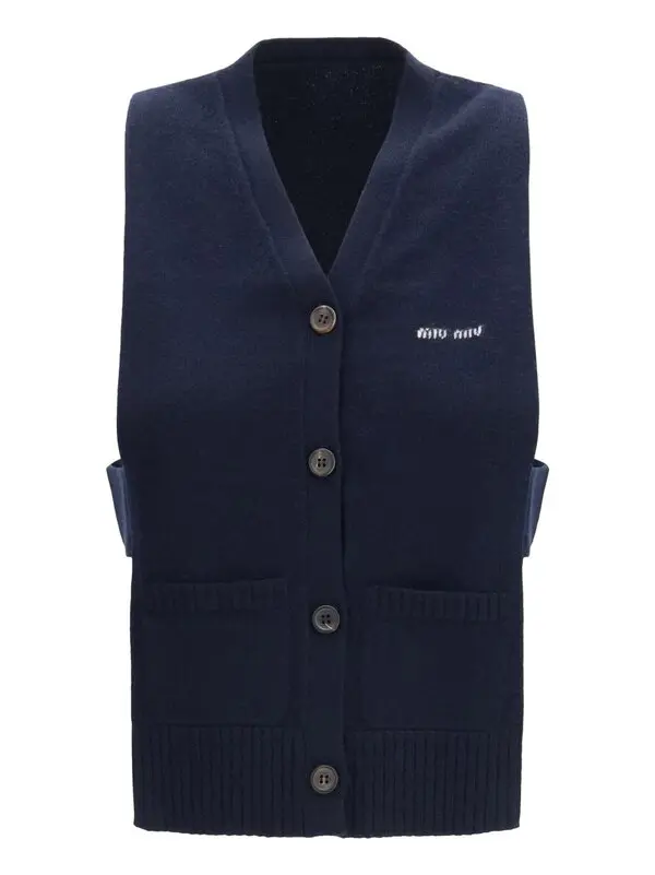 Miu Miu Cashmere V-neck Cardigan Vest With Intarsia Logo - Blue
