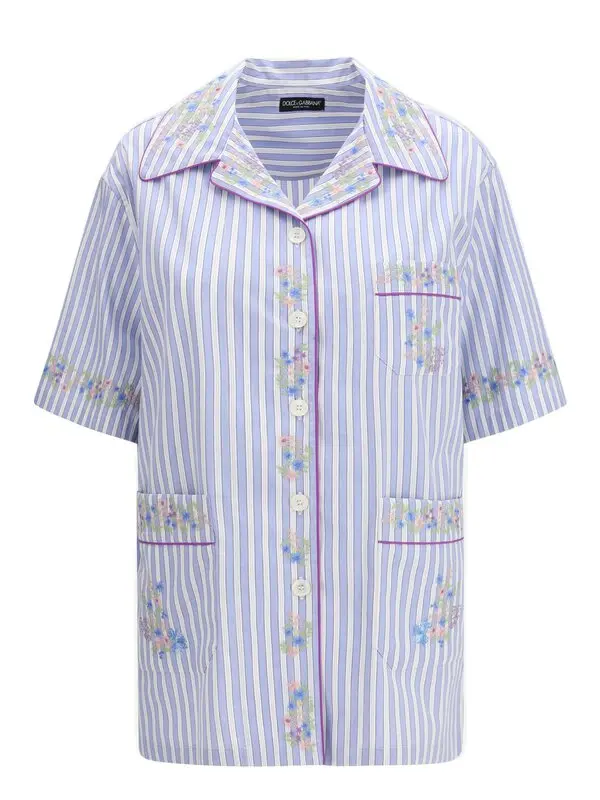 Dolce & Gabbana Striped Embroidered Short Sleeve Shirt - Light Blue