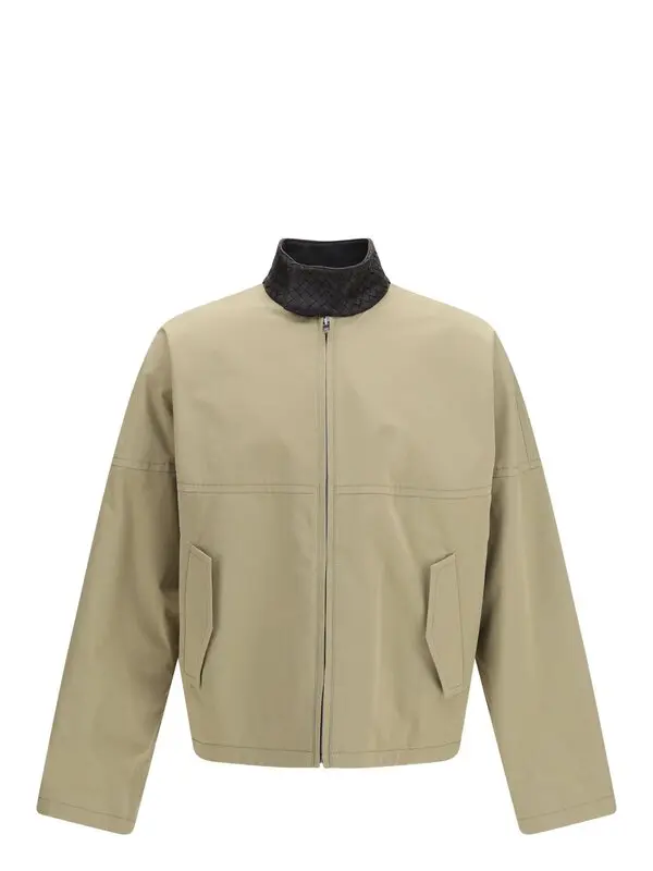 Bottega Veneta Cotton Jacket With Leather Intrecciato Collar - Beige