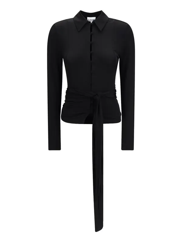 GANNI Marl Mesh Shirt With Knot Detailing - Black