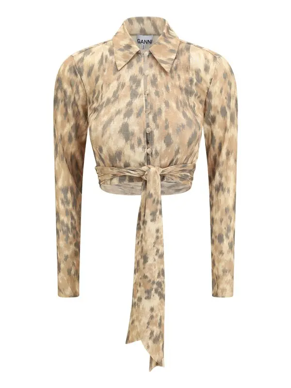 GANNI Printed Marl Mesh Tie Blouse - Beige
