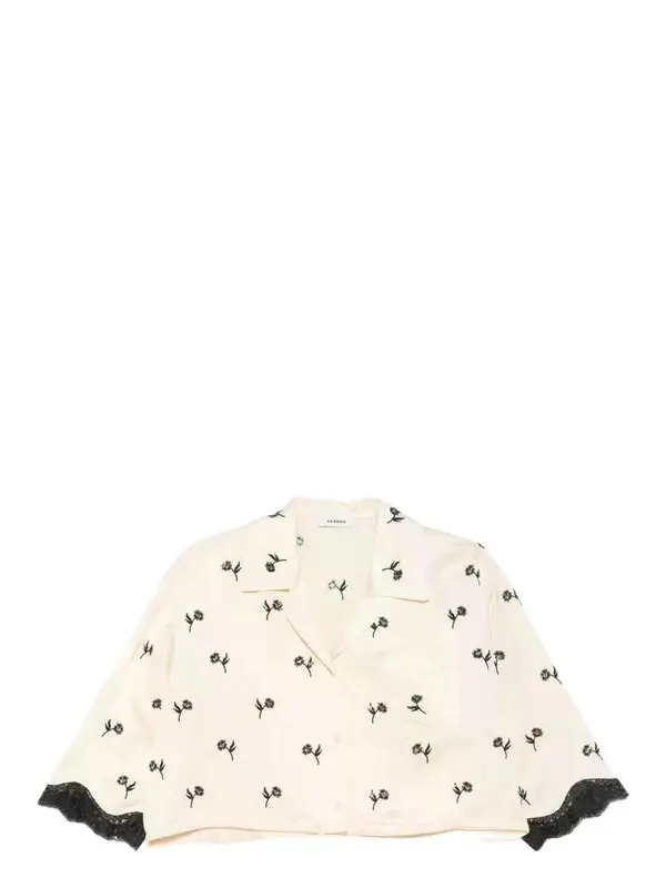 Sandro Cropped Floral Embroidered Shirt With Lace Cuffs - Yellow