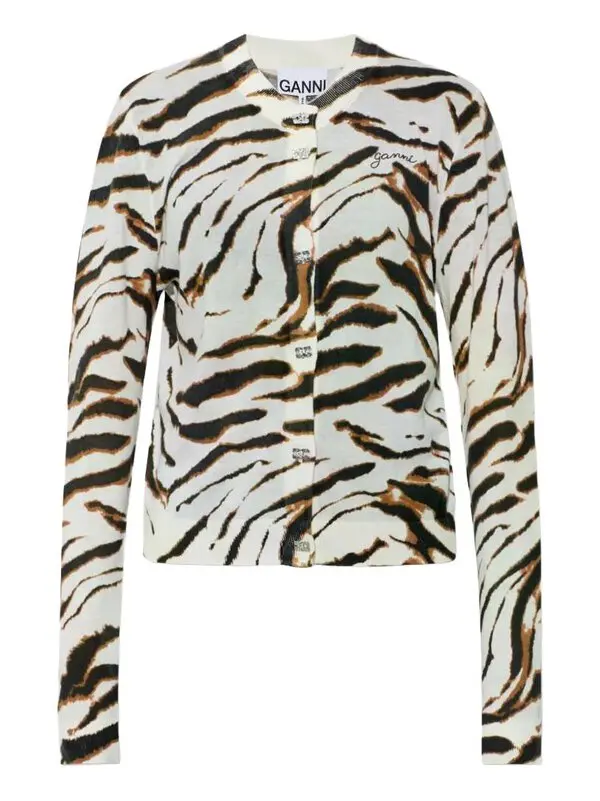 GANNI Embroidered Tiger-print Cardigan - Neutrals