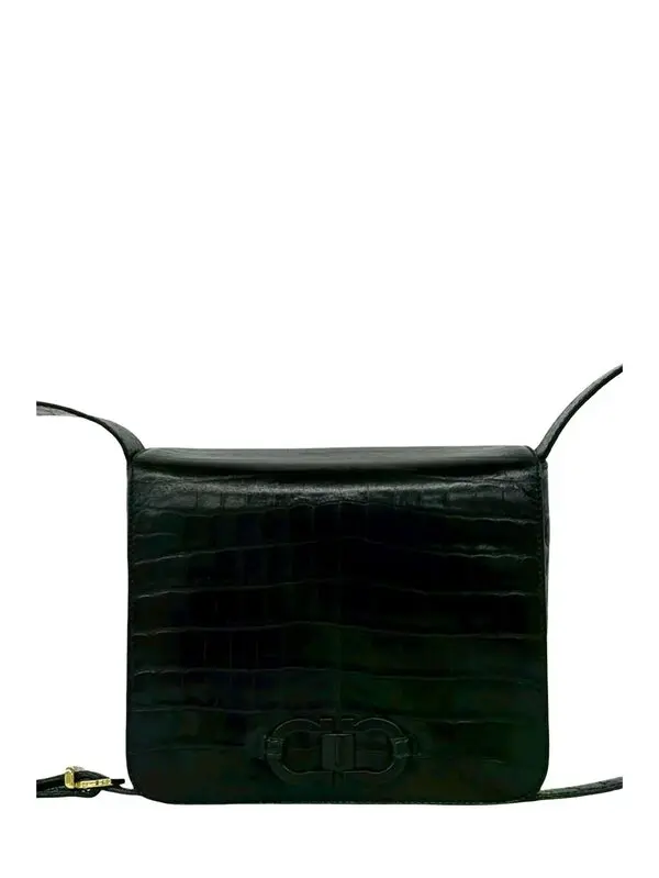 FERRAGAMO Croc Embossed Leather Gancini Crossbody Bag - Black