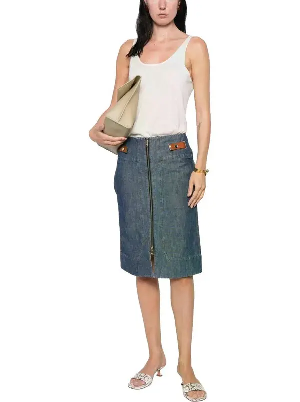 Fendi Zip-front Leather-trimmed Denim Midi Skirt - Blue