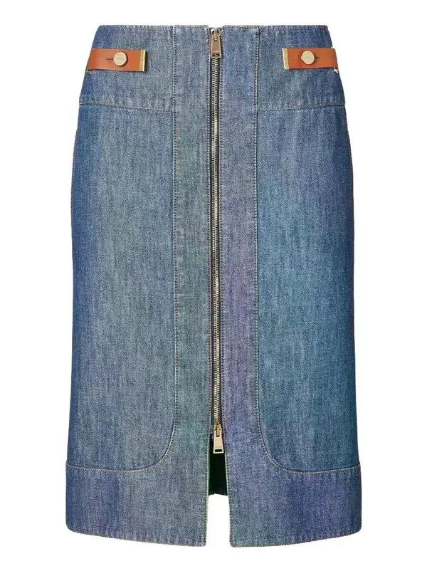 Fendi Zip-front Leather-trimmed Denim Midi Skirt - Blue