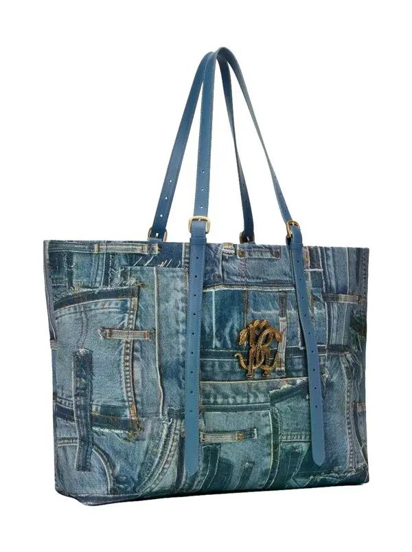 Roberto Cavalli Snake Monogram Patchwork Tote Bag - Blue