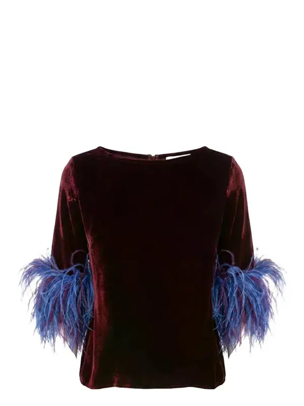 STEPHAN JANSON Velour Blouse With Feather Trim - Red