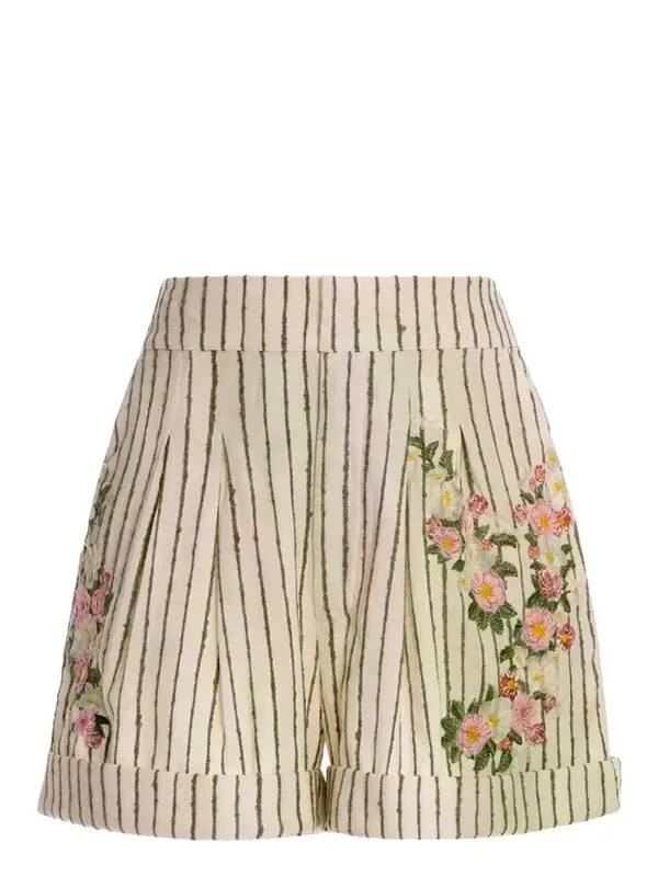 Agua Bendita Rommy Embroidered Striped Tailored Shorts - Neutrals