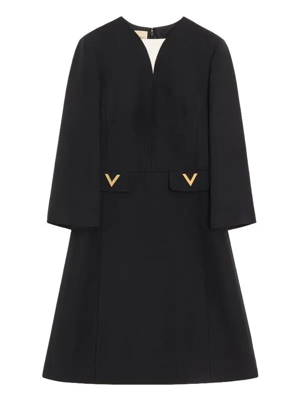 Valentino Garavani Crepe Couture Midi Dress With V-neck And Gold Detail Pockets - Black
