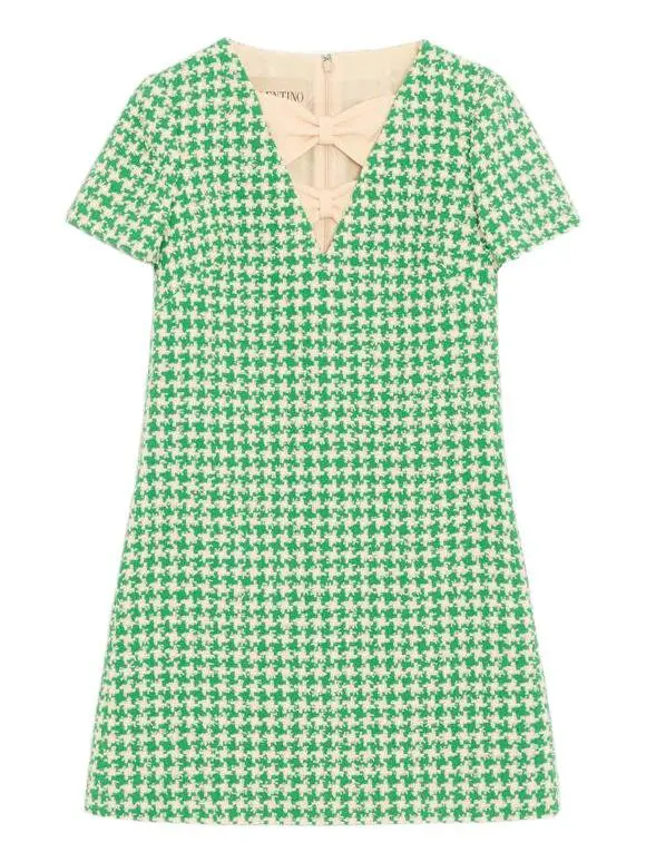 Valentino Garavani Short Houndstooth Tweed Dress With Crepe Couture Bows - Green/birch