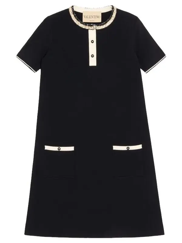 Valentino Garavani Embroidered Stretch Viscose Dress With Embellished Collar - Black
