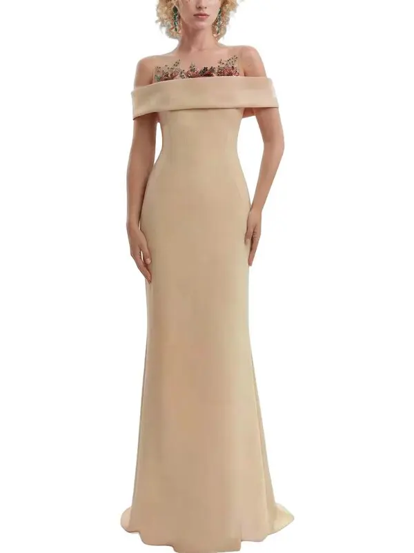 GEMY MAALOUF Beige Floral Beaded Off-shoulder Dress - Neutrals