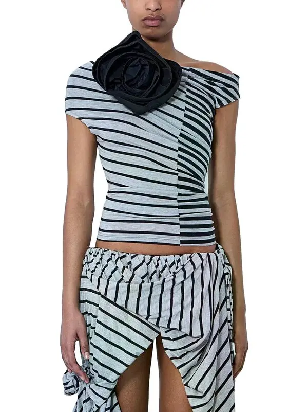Vaquera Floral Appliqué Off-shoulder Top - Grey
