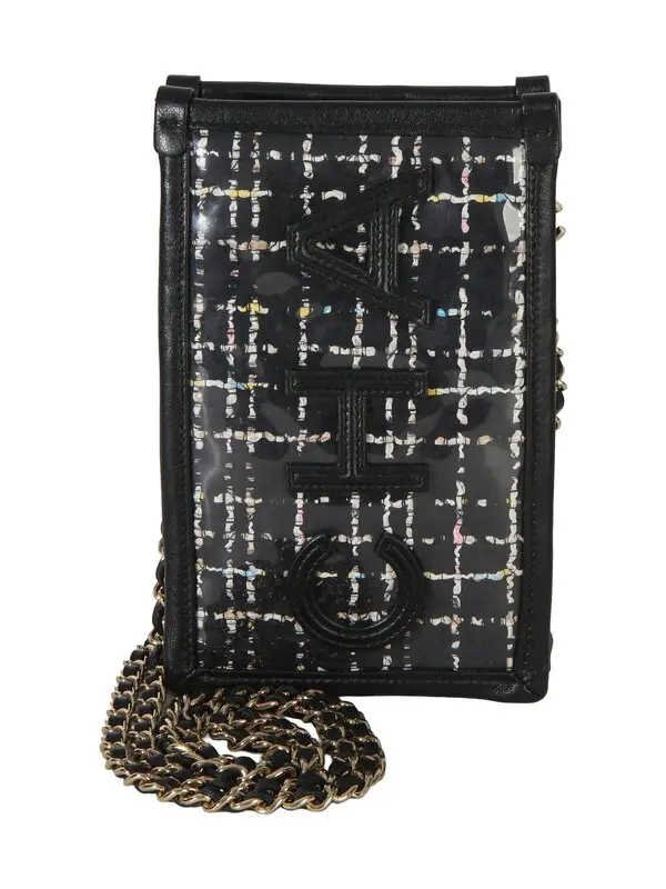 Chanel Tweed Pvc Calfskin Logo Clutch With Chain - Black