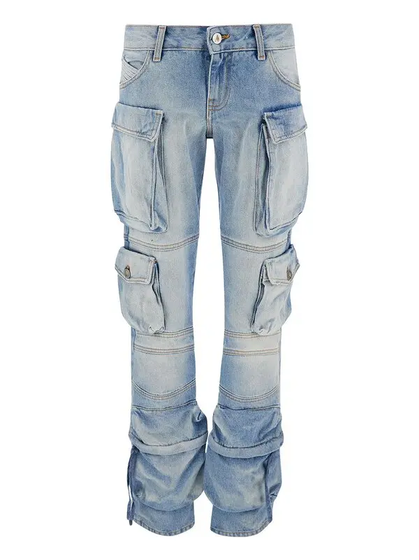 Attico Light Wash Denim Cargo Jeans - Blue