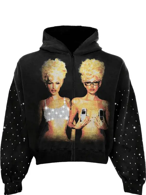 WORKS OF MADNESS Blondes Rhinestone Zip Up - Black
