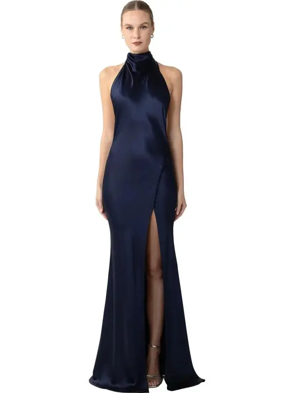 SAU LEE Penelope Backless Satin Gown - Midnight Blue