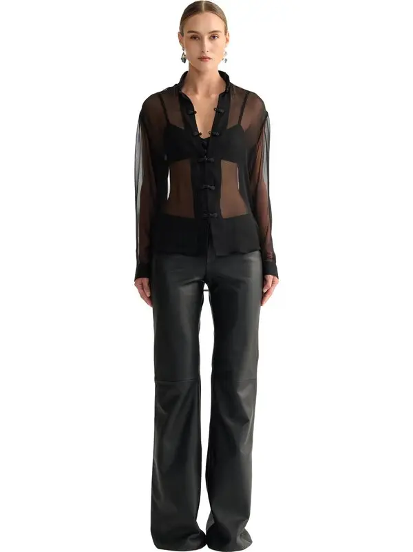 SAU LEE Fallon Silk Chiffon Shirt With Mandarin Collar And Pipa Knots - Black