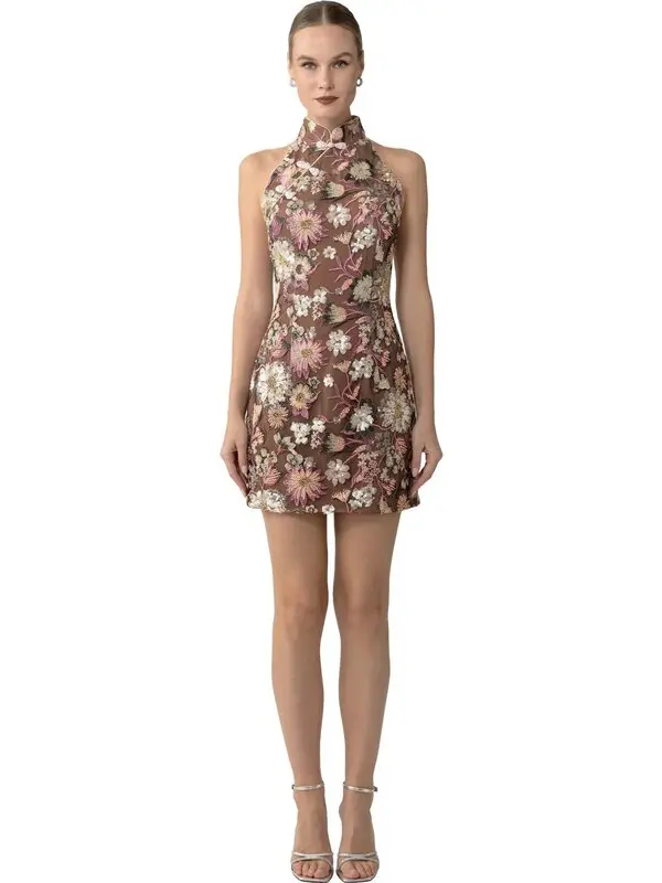 SAU LEE Glory Mini Dress Beaded Floral Tulle Cheongsam - Black Multi